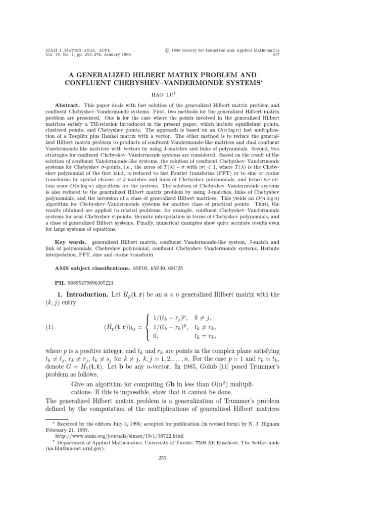 A Generalized Hilbert Matrix Problem and Confluent Chebyshev - Vandermonde Systems | PDF ...