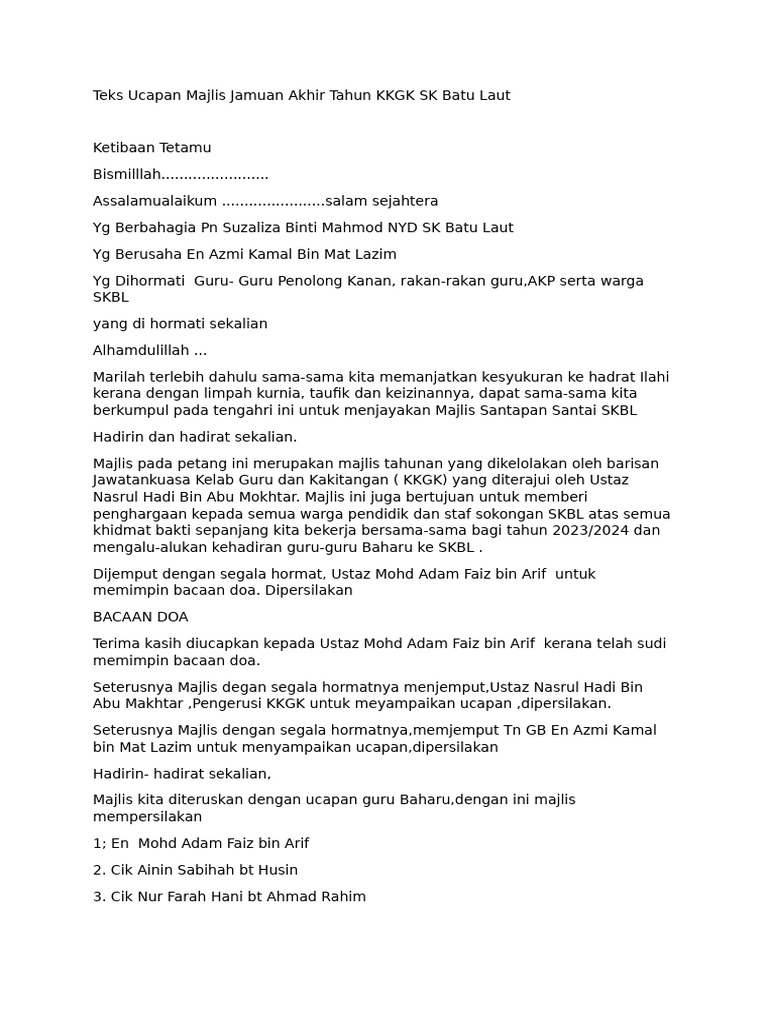 Teks Ucapan Majlis Jamuan Akhir Tahun KKGK SKBL 2023 | PDF