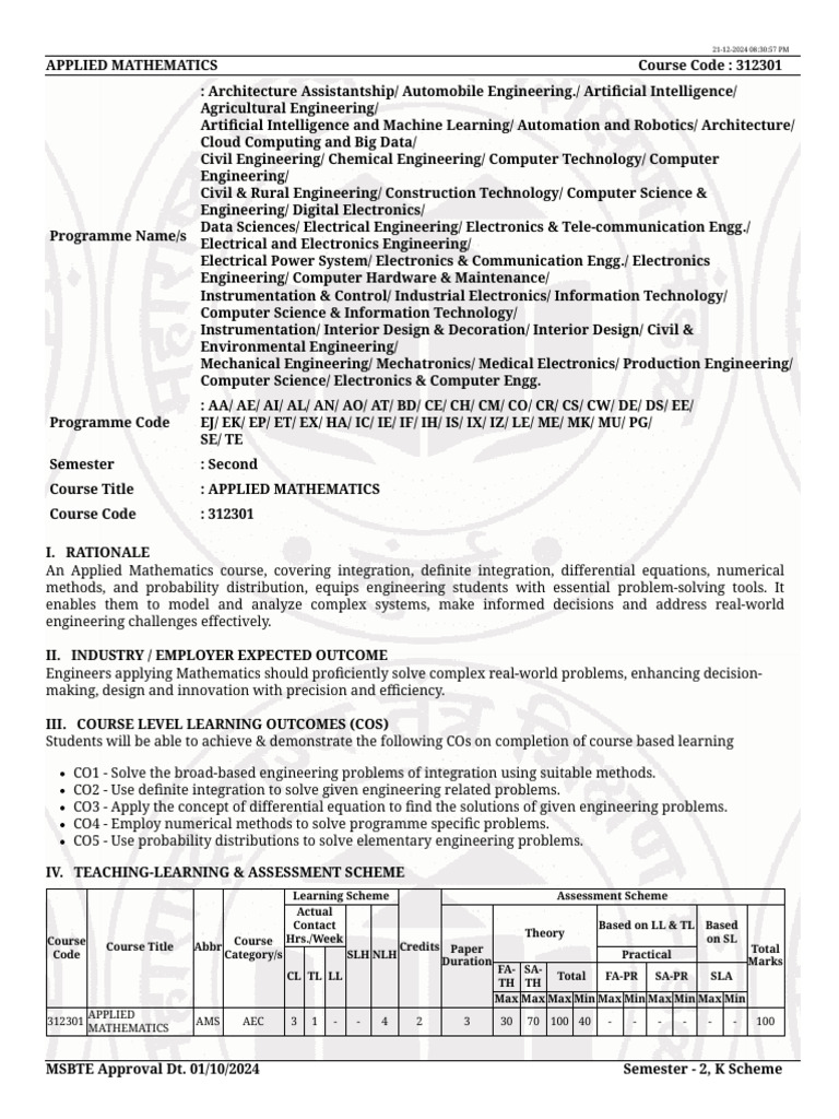 312301-Applied Mathematics | PDF | Integral | Equations