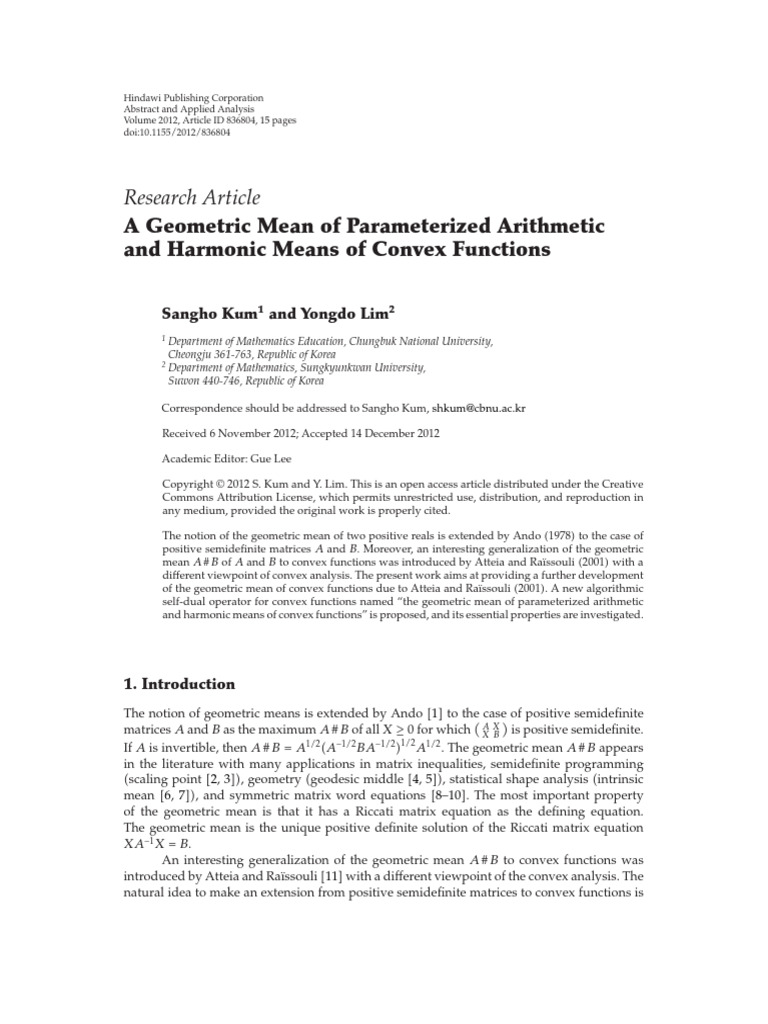 A Geometric Mean of Parameterized Arithmetic and Harmonic Means of Convex Functions | PDF | Mean ...