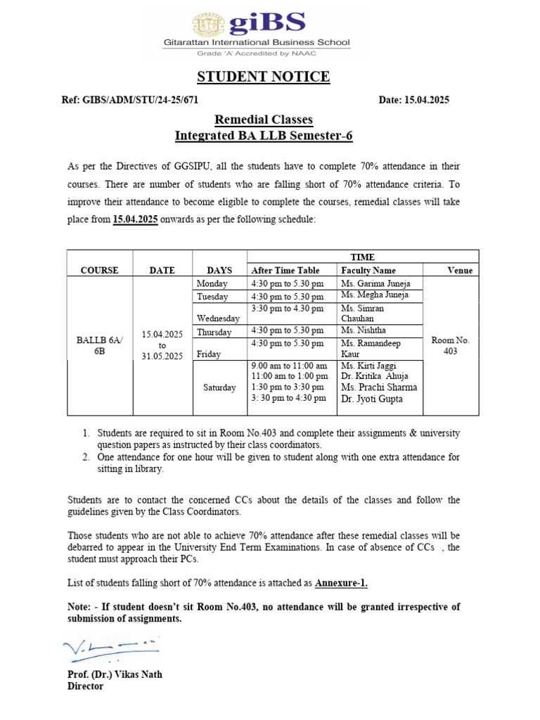 671-Remedial Classes Notice BALLB 6A 6 B | PDF