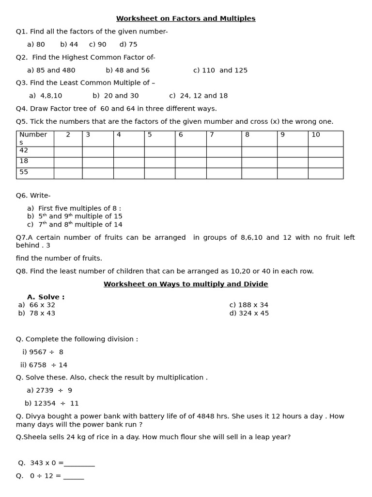 Worksheet On Factors and Multiples Class 5 | PDF