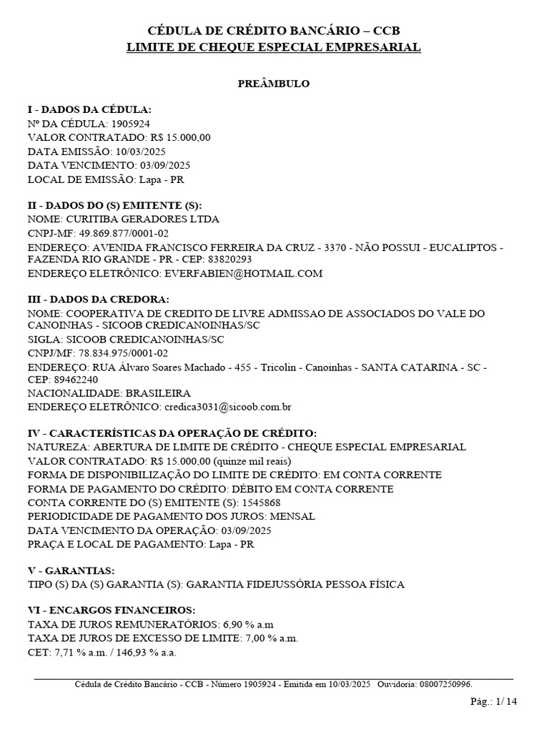 CCB Cheque Especial (1) Assinado Assinado | PDF | Conta de transação ...