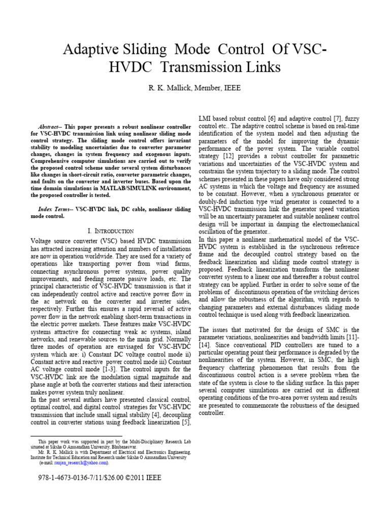 Adaptive Sliding Mode Control of VSCHVDC Transmission Links | PDF ...