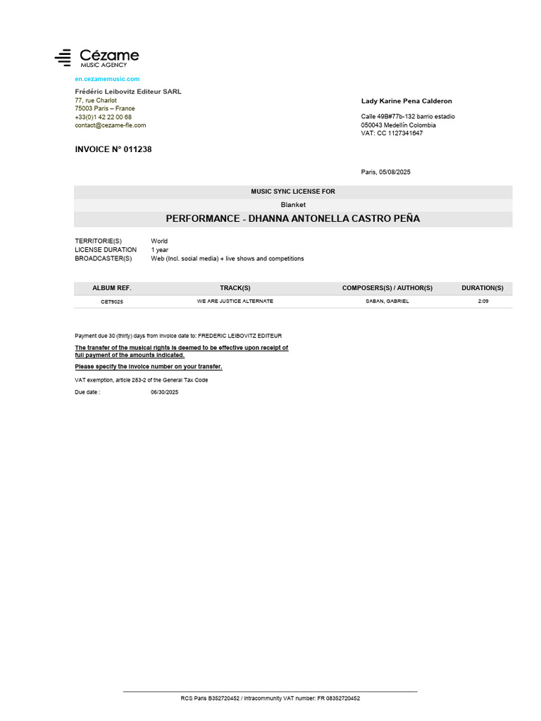Music Sync License Invoice Details | PDF | Money | Business Documents