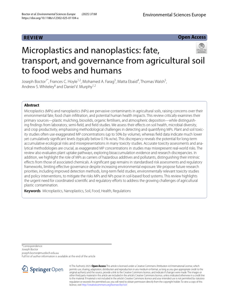 Microplastics and nanoplastics: fate, transport, and governance from agricultural soil to food ...