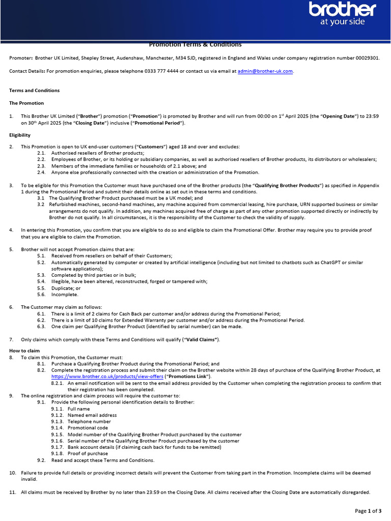 Brother End User Promotions 1st To 30th April 2025 | PDF | Contractual ...
