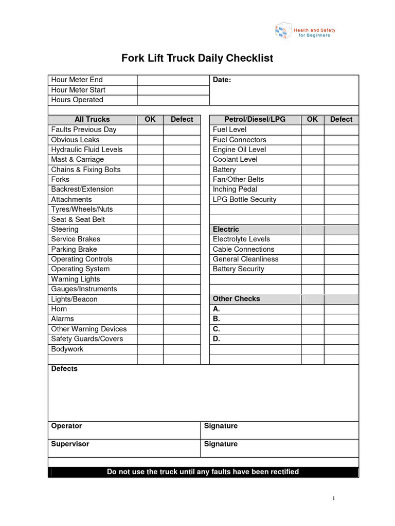 Fork Lift Truck Daily Checklist | PDF | Tire | Truck