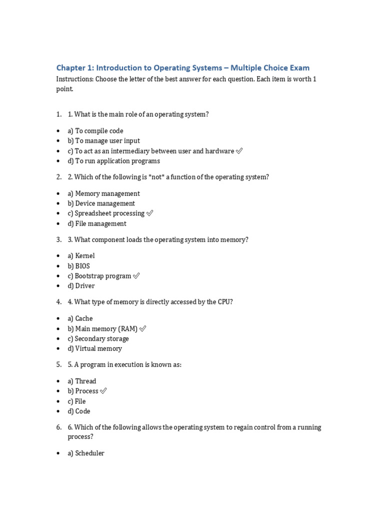 OS Chapter1 MCQ Exam With Answers | PDF | Operating System | Kernel (Operating System)