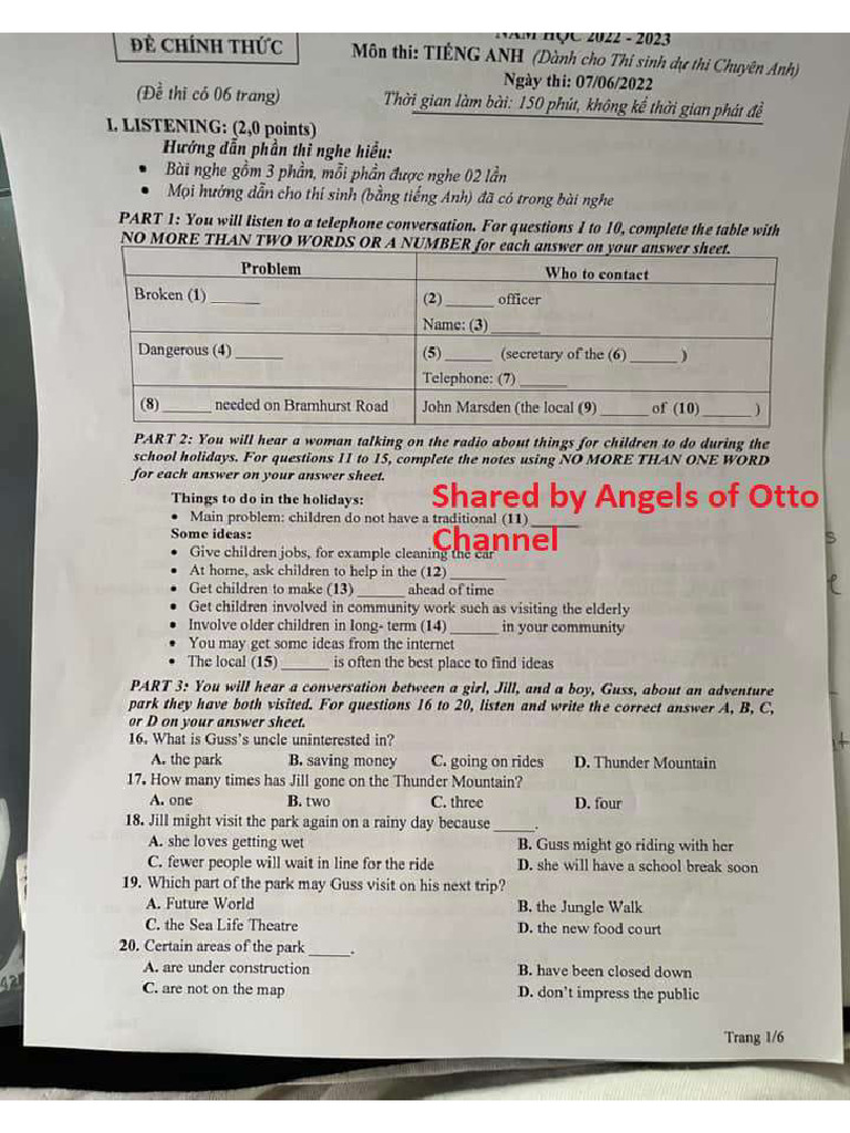 De Thi Tuyen Sinh Vao Lop 10 Chuyen Tieng Anh Tinh Son La Nam Hoc 2022 12116 | PDF