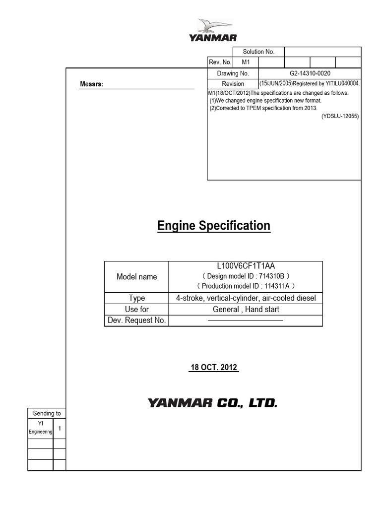 YANMAR L100V6CF1T1AA Spec | PDF | Horsepower | Engines