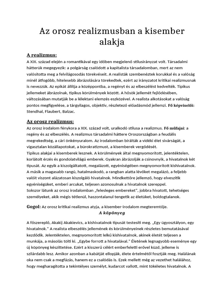 9.tétel (Az Orosz Realizmusban A Kisember Alakja) | PDF