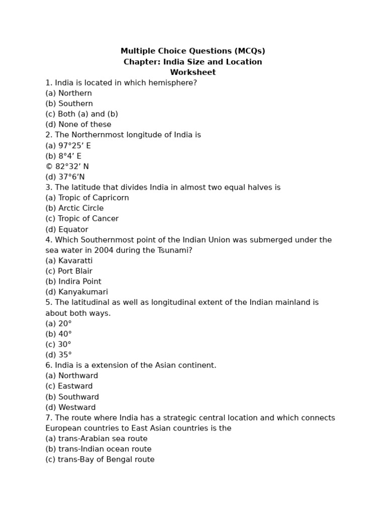 Multiple Choice Questions (MCQS) Chapter: India Size and Location ...
