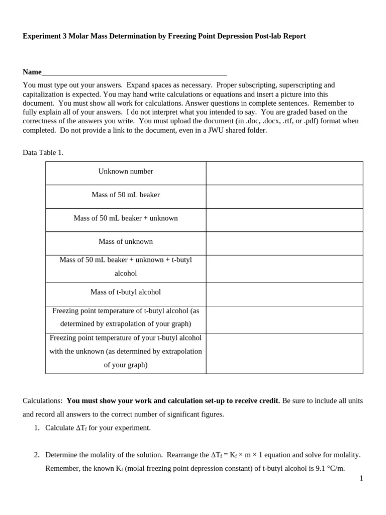 Experiment 3 Post-Lab Report Freezing Point Depression | PDF | Applied And Interdisciplinary ...