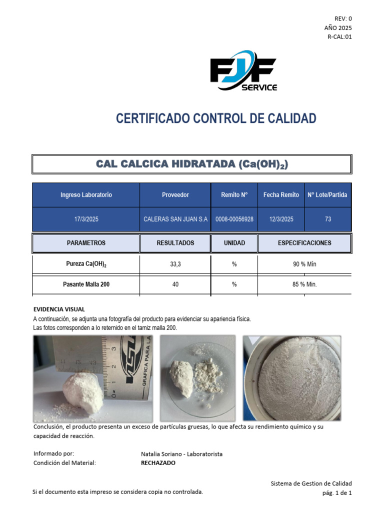 Cert de CAL HIDRATADA 18-03-2025 | PDF