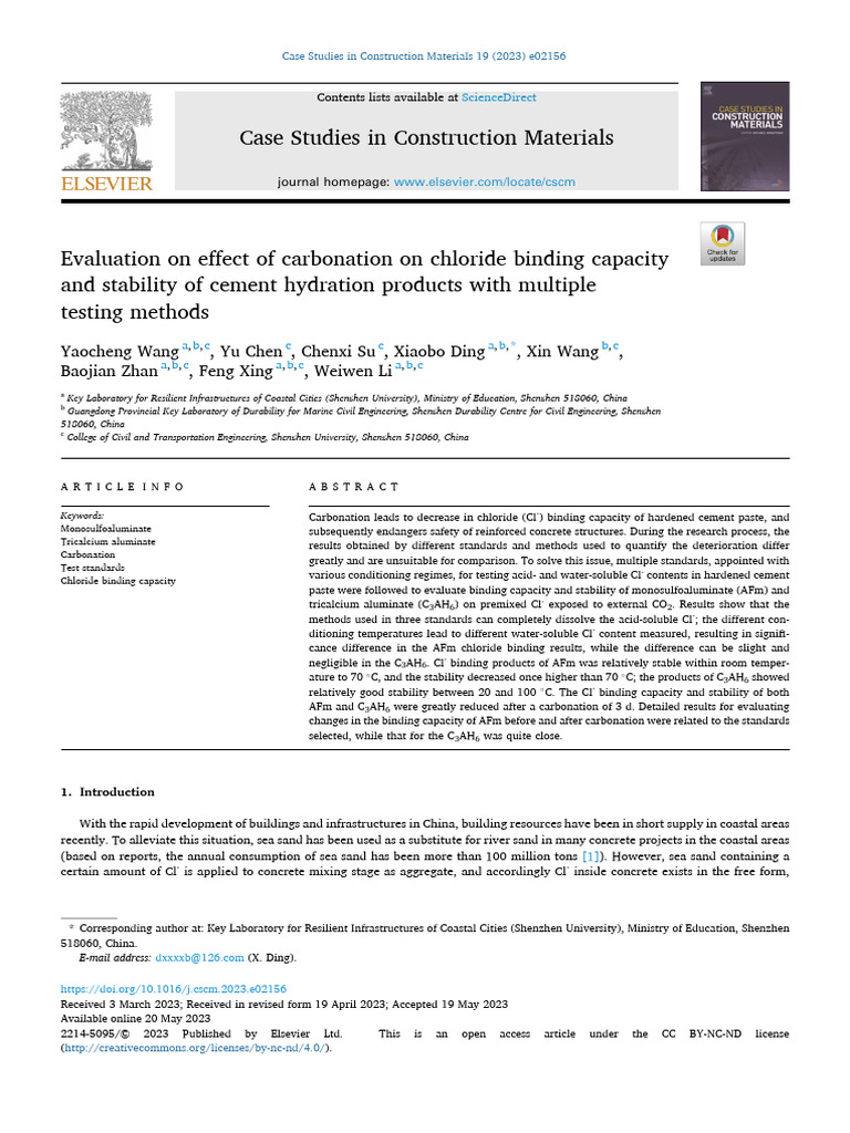 Evaluation On Effect of Carbonation On Chloride Binding - 2023 - Case Studies in | PDF ...