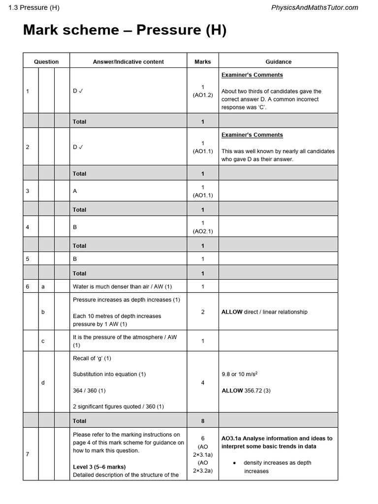Mark Scheme for Pressure (Higher) Exam | PDF | Gases | Temperature