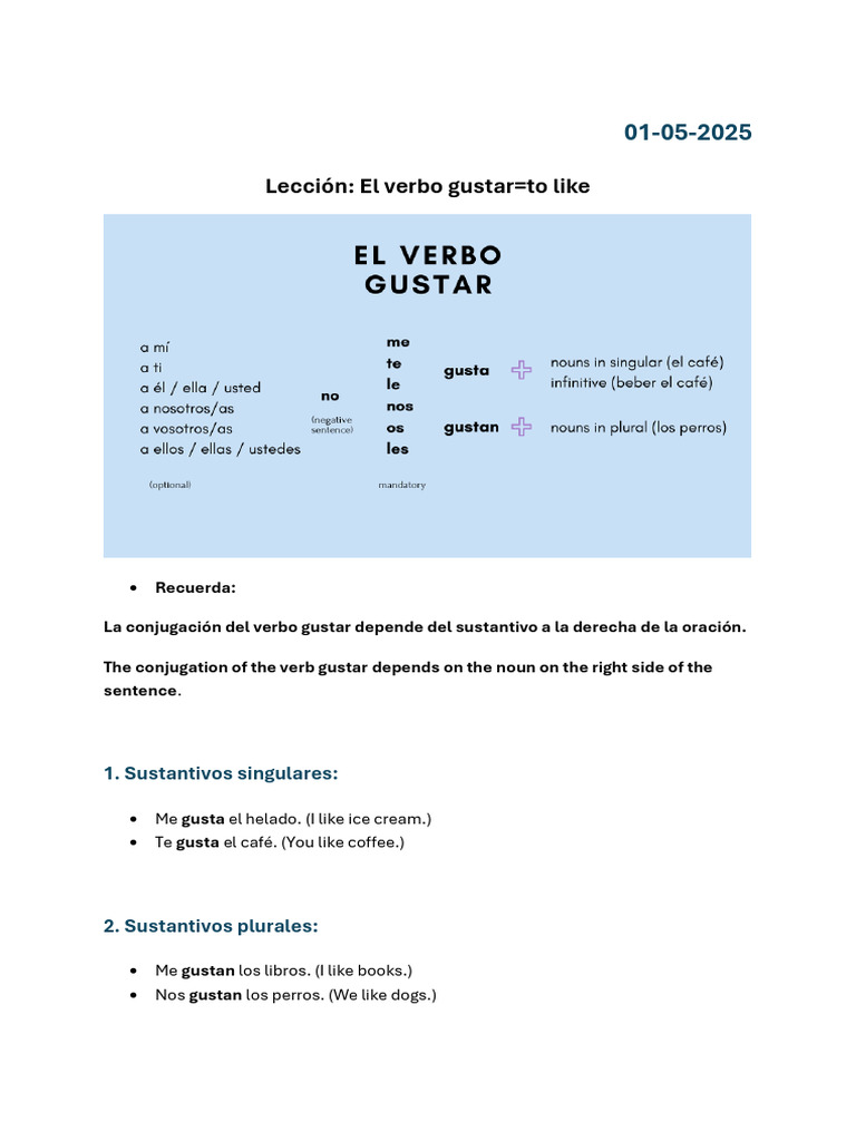 Conjugación del verbo gustar en español | PDF