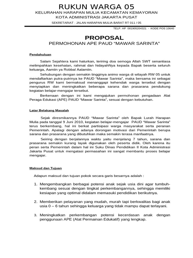 Proposal Paud RW 05 | PDF