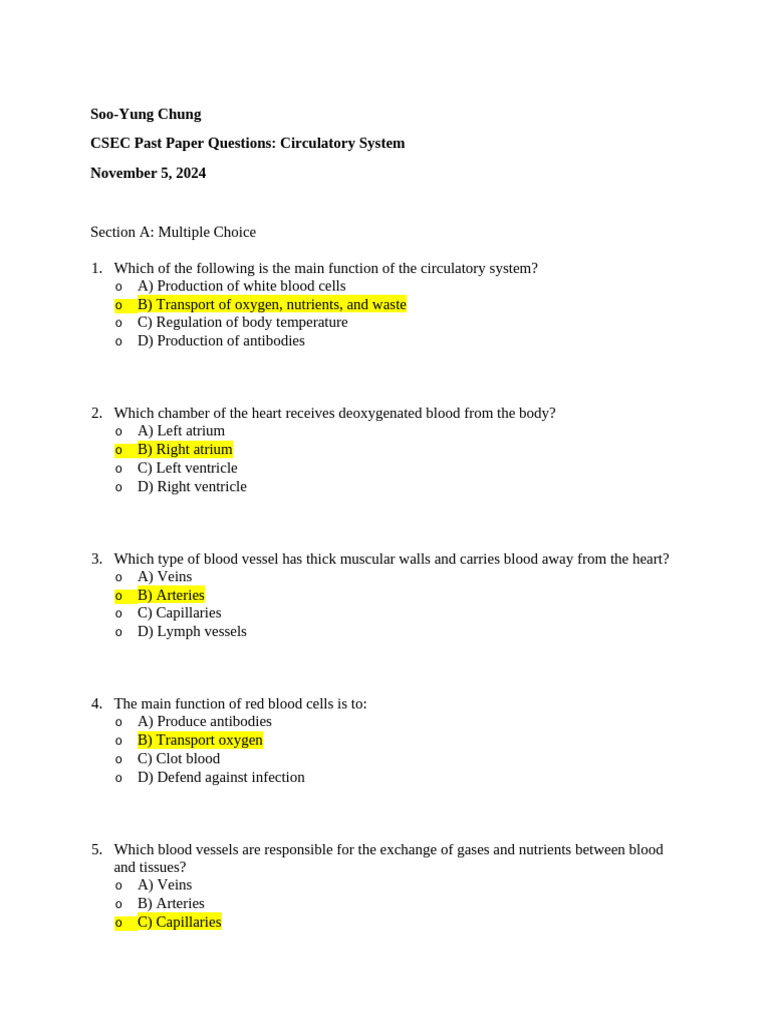 CSEC Past Paper Questions CIRCULATORY | PDF | Circulatory System | Heart
