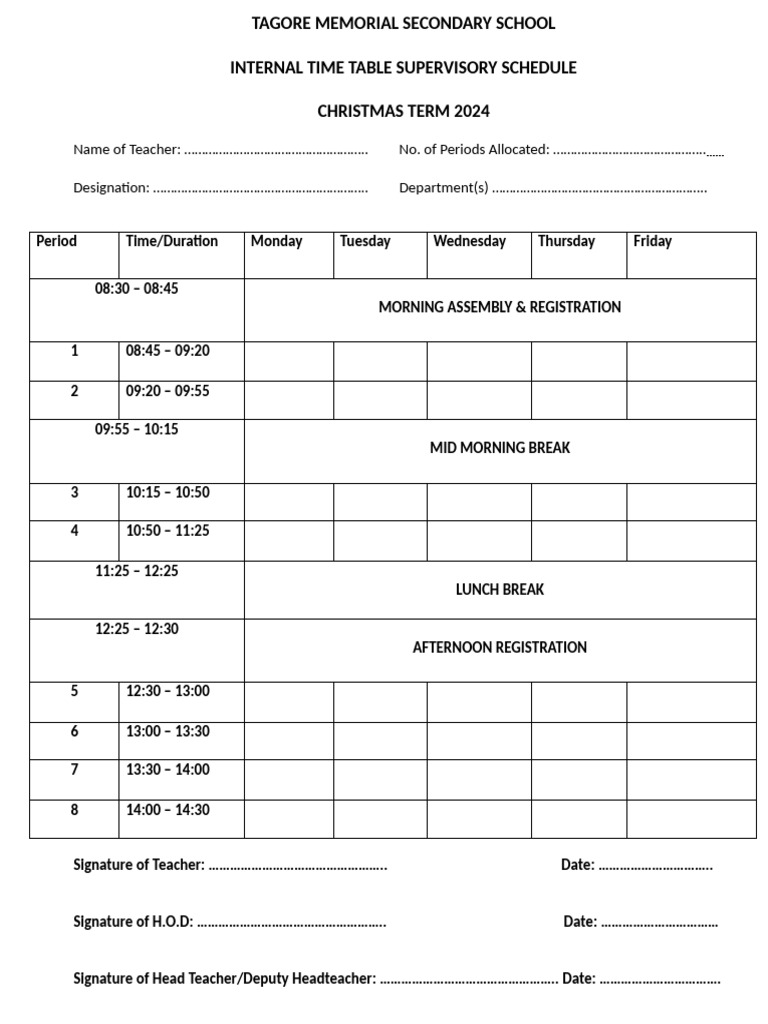 Internal Time Table Supervisory Schedule | PDF