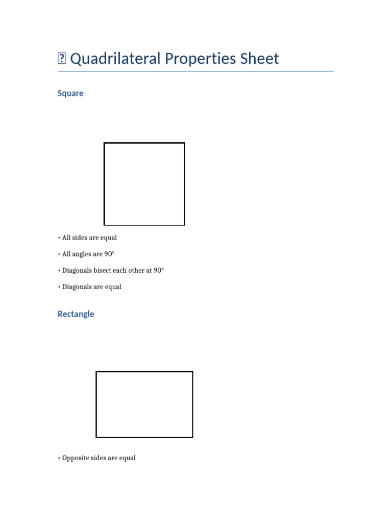 Quadrilateral Properties Sheet | PDF
