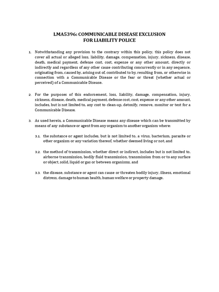 Communicable Disease Exclusion For Liability Police | PDF