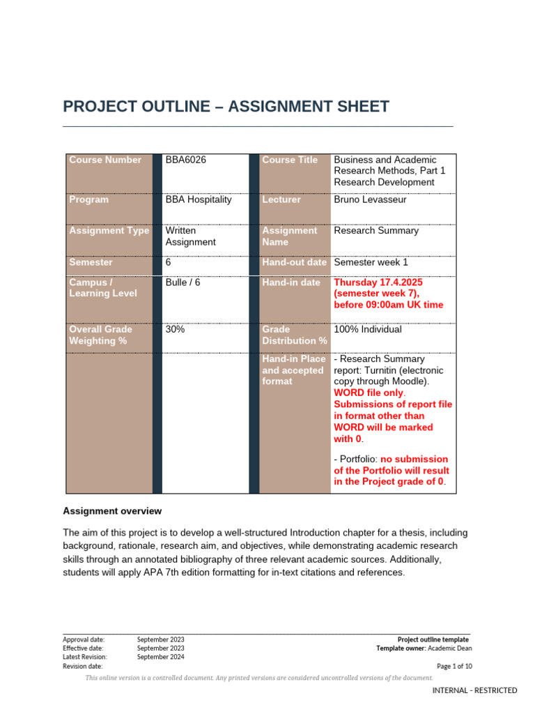 2025.1 BBA6026 Research Summary Project Outline | PDF | Turnitin | Citation
