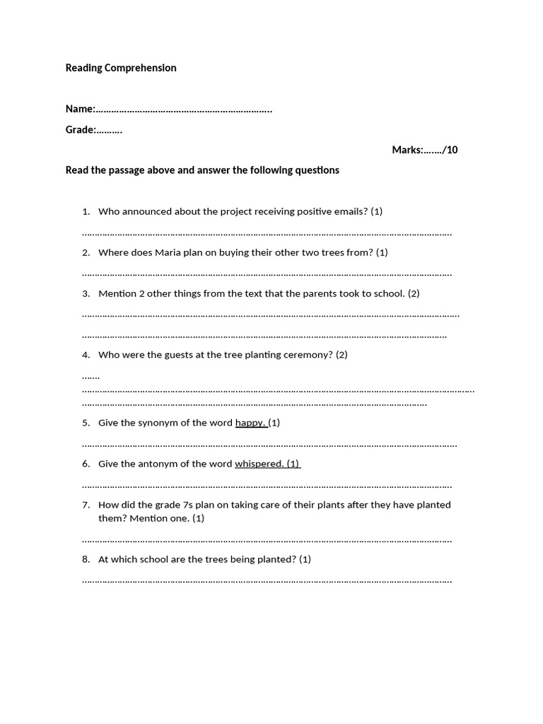 Reading Comprehension Grade 7 | PDF