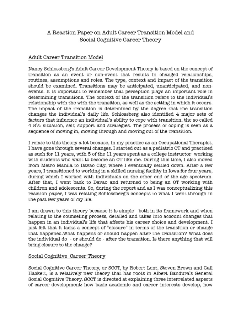 A Reaction Paper On Adult Career Transition Model and Social Cognitive ...