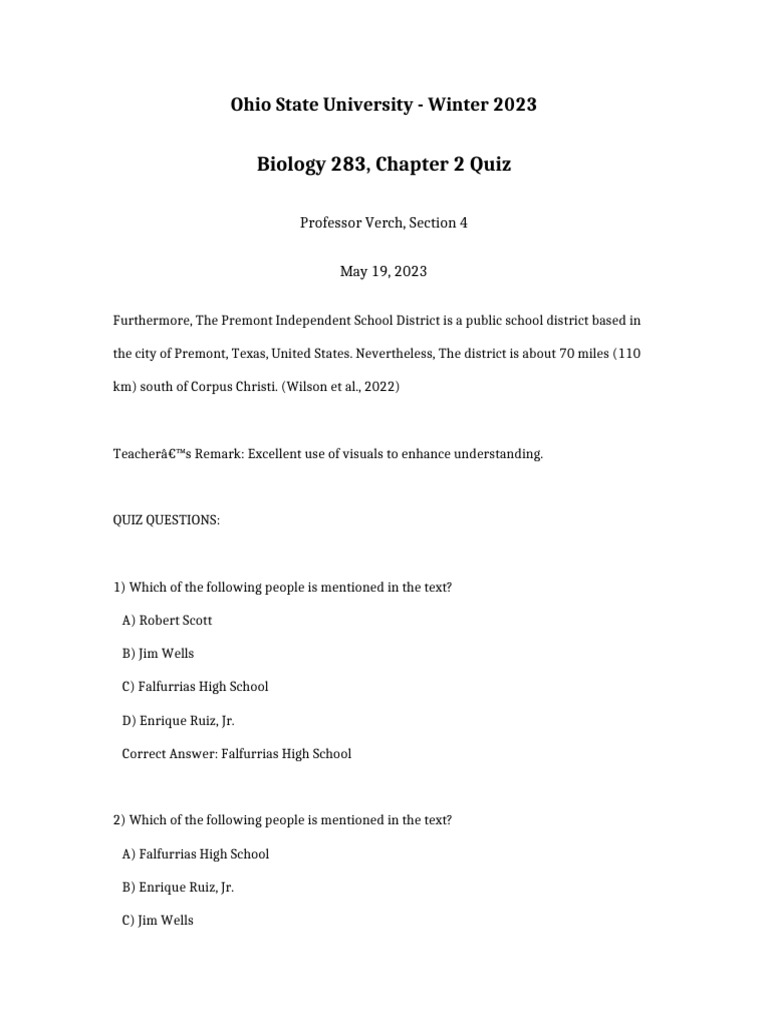 Biology 283 Chapter 2 Quiz | PDF
