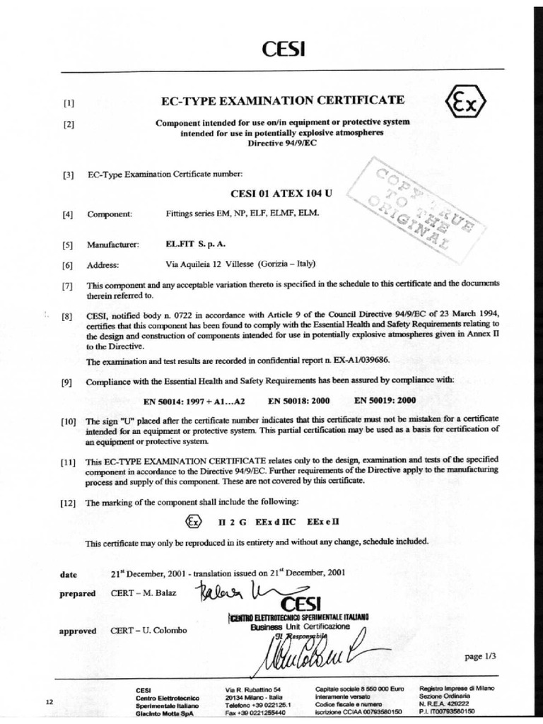 CESI 01 ATEX 104U Add.01-02-03 - ENG | PDF