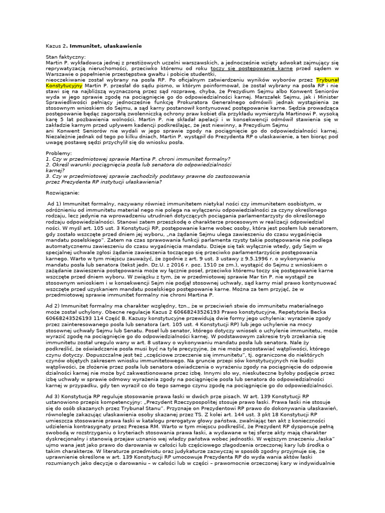 Kazus 2 Immunitet Ułaskawienie | PDF