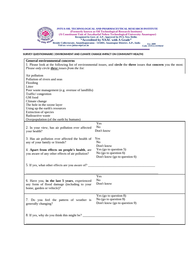 SURVEY QUESTIONNAIRE ENVIRONMENT | PDF | Pollution | Natural Environment