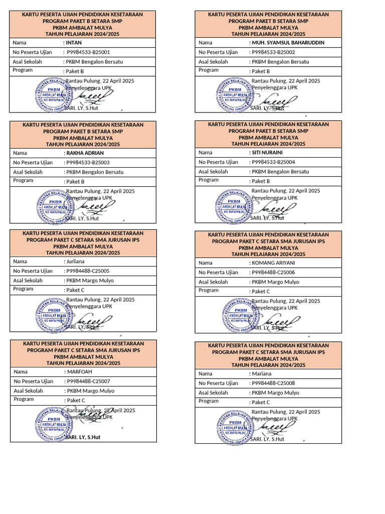 FORMAT KARTU PESERTA UPK PAKET C PKBM Margo Mulyo | PDF