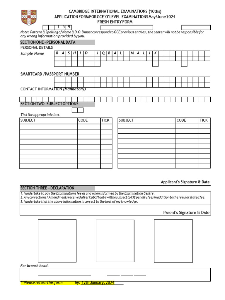 Registration Form O Level 10ths - 2024 | PDF