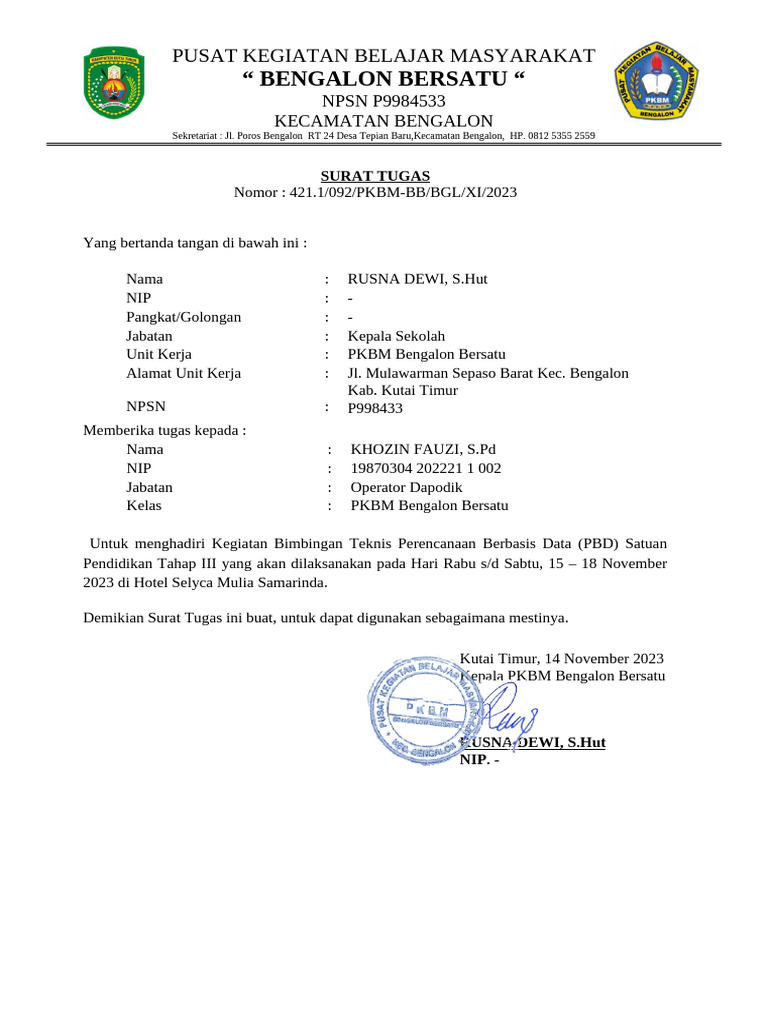Surat Tugas Bimtek | PDF
