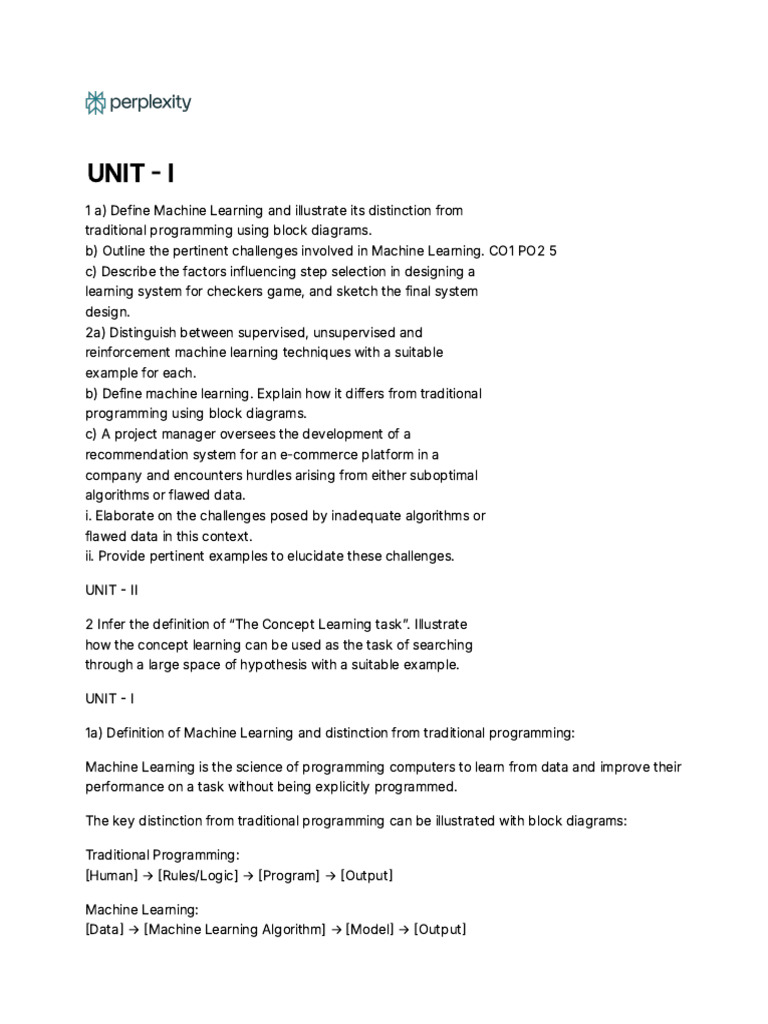 UNIT - I - 1 A) Define Machine Learning and Illustr | PDF | Machine Learning | Cognition