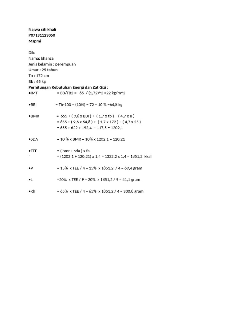 Najwa Siti Khalis Food Weighing | PDF