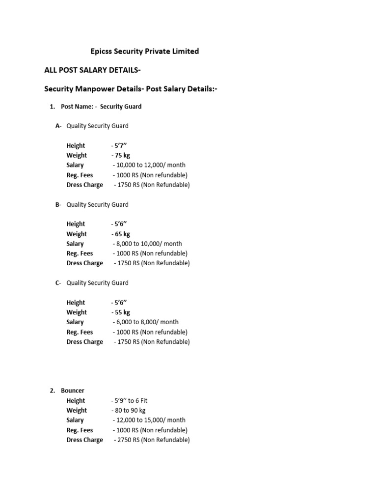 Security Manpower Salary Details | PDF