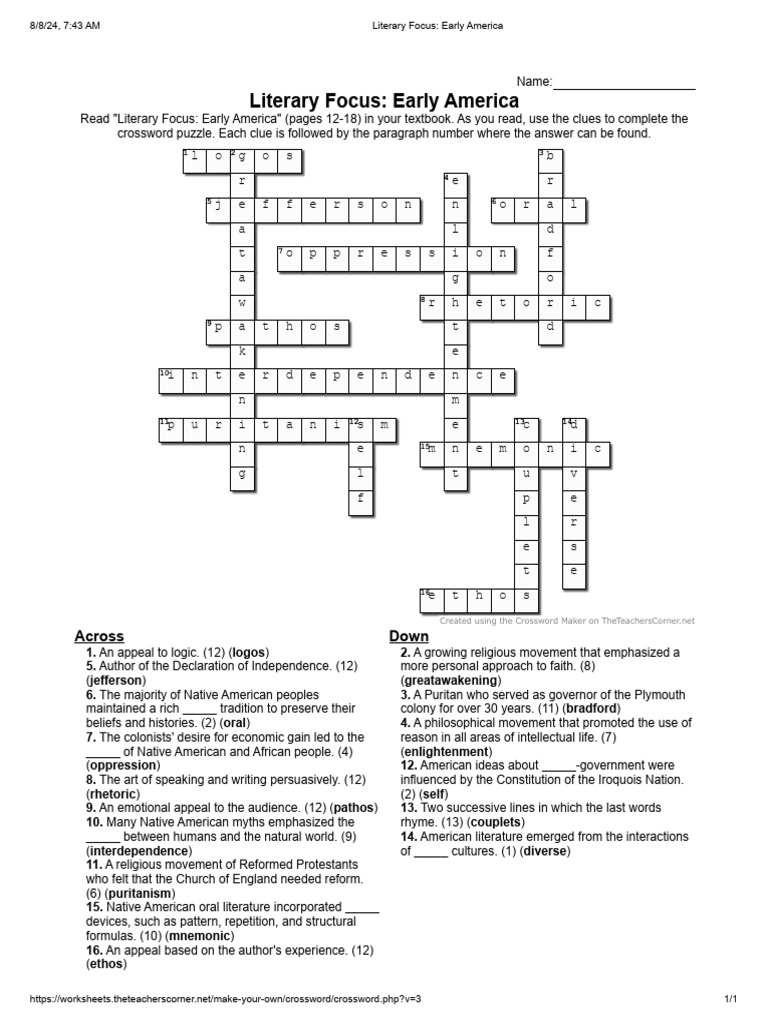 Literary Focus_ Early America Crossword Puzzle Answer Key | PDF