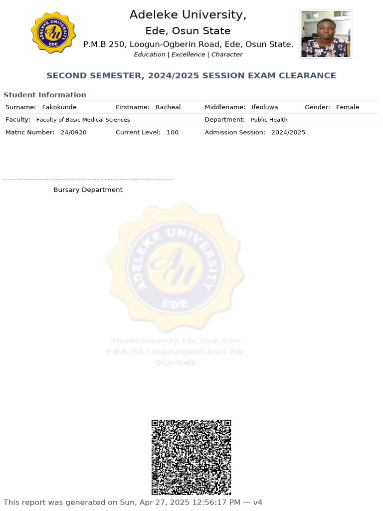 Second Semester, 2024 2025 Session Exam Clearance Fakokunde Racheal Ifeoluwa | PDF