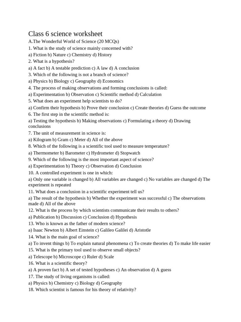 Class 6 Science Worksheet | PDF | Foods | Experiment