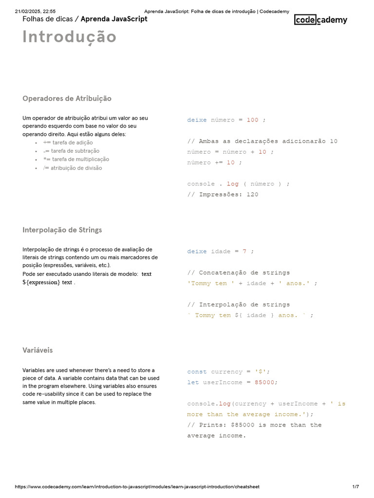Aprenda Javascript Folha De Dicas De Introdução Codecademy Pdf Java Script Data Type