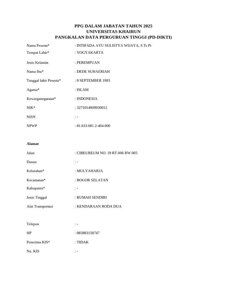 Biodata Mahasiswa (Seuai format PD Dikti_ | PDF