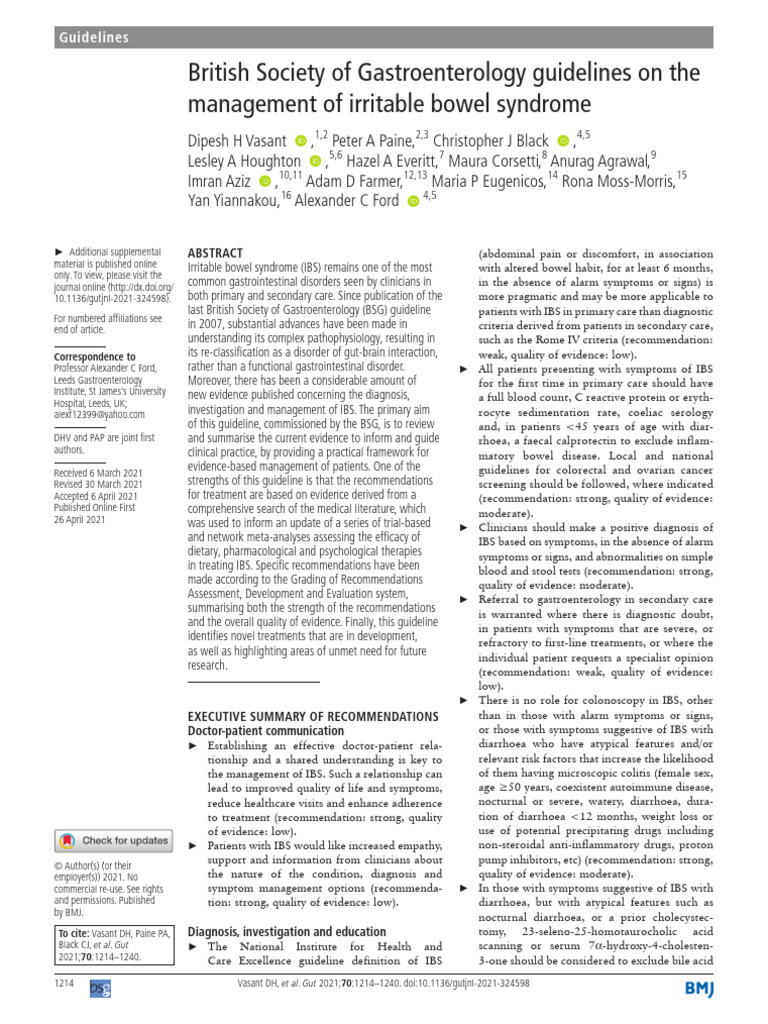 British Society of Gastroenterology Guidelines On The Management of Irritable Bowel Syndrome ...