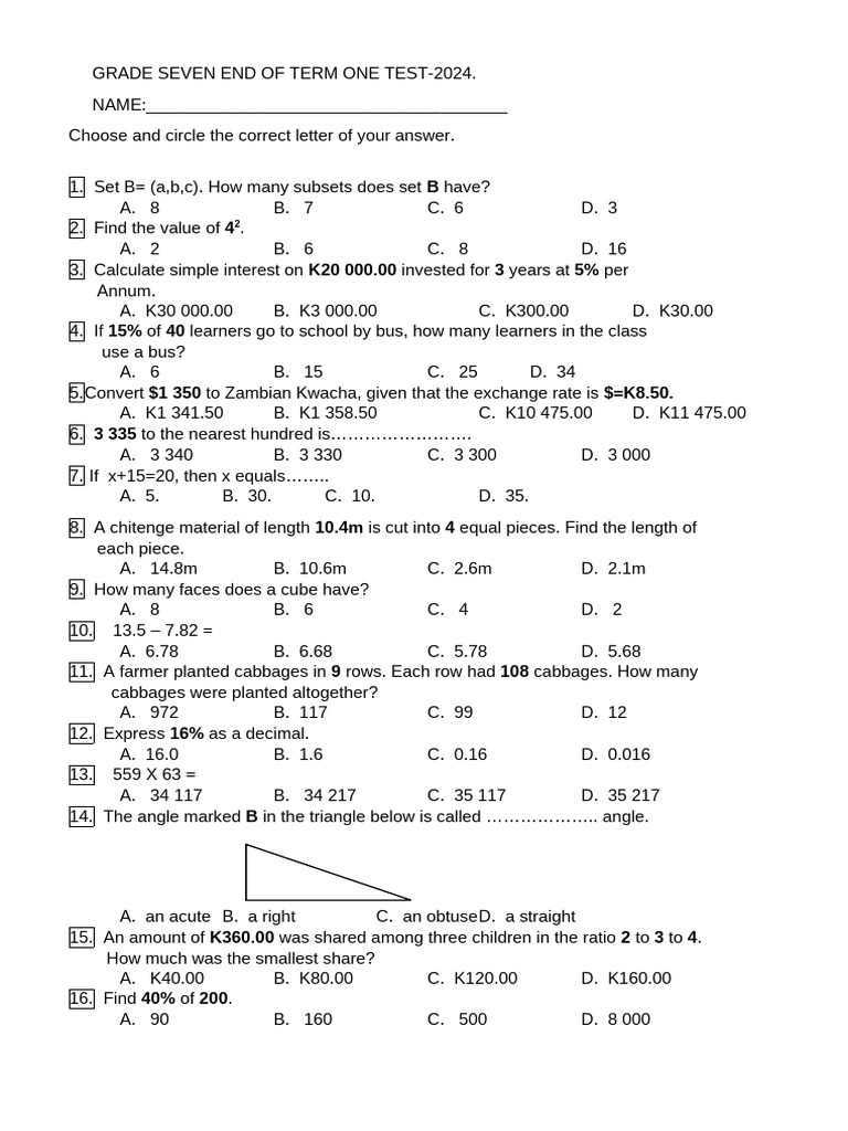 g7 Mathematics Test 2024 2 | PDF | Elementary Mathematics | Arithmetic