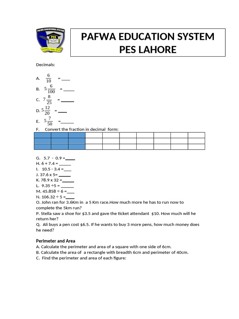 Maths Worksheet Grade 4 May 2025 | PDF