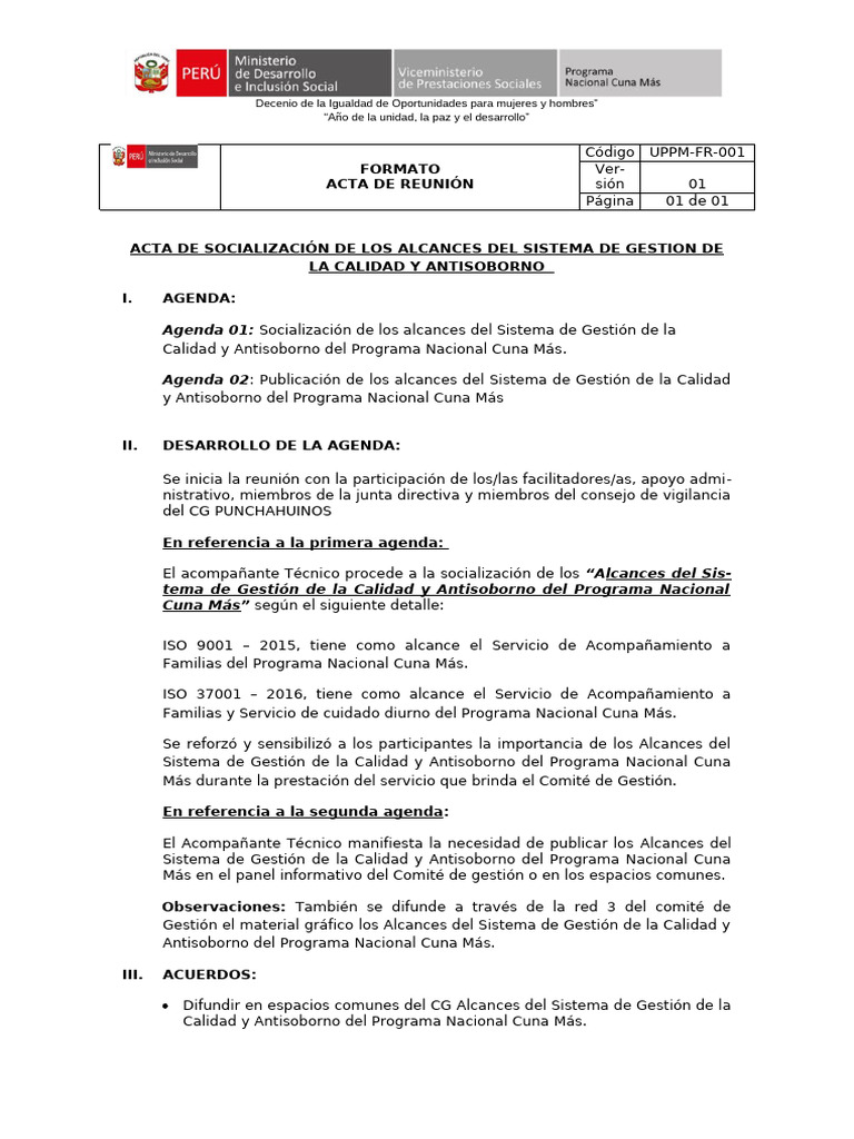 UPPM - FR - 001 - Acta de Memorandum 038 | PDF | Gestión de la calidad