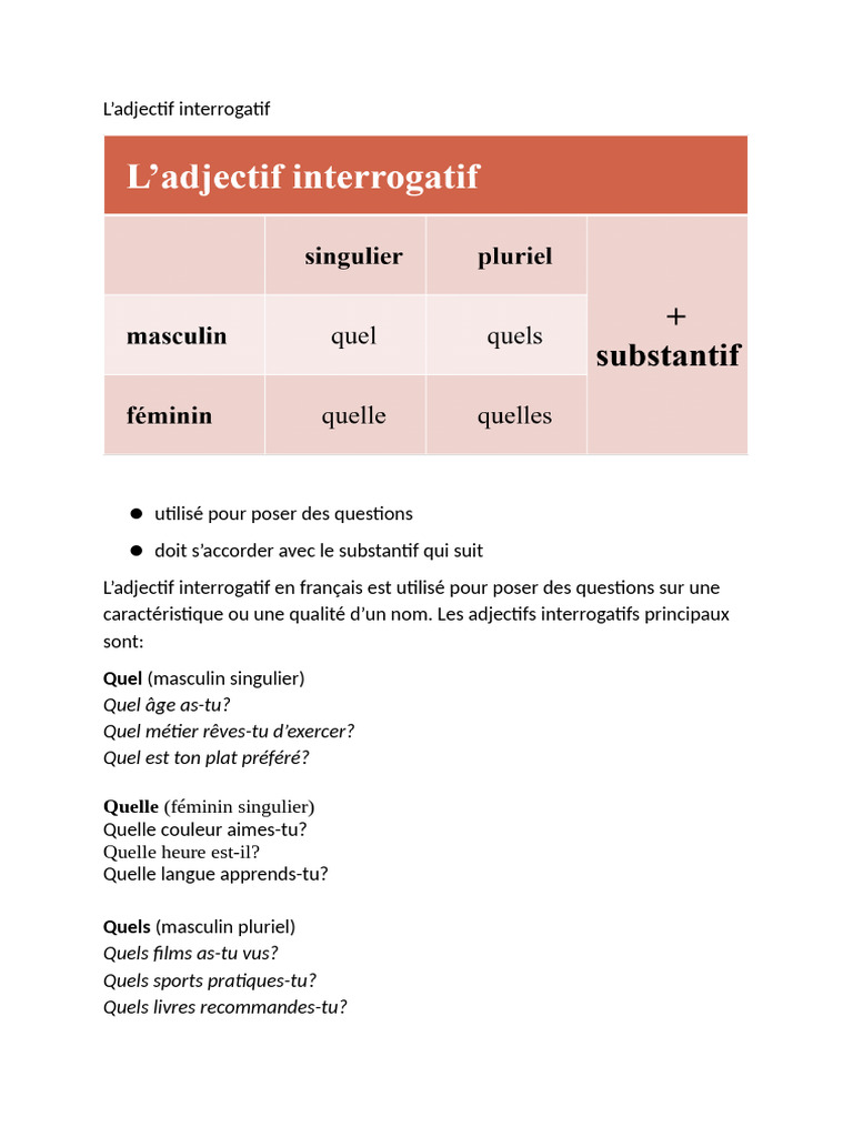Adjectifs Interrogatifs en Français | PDF
